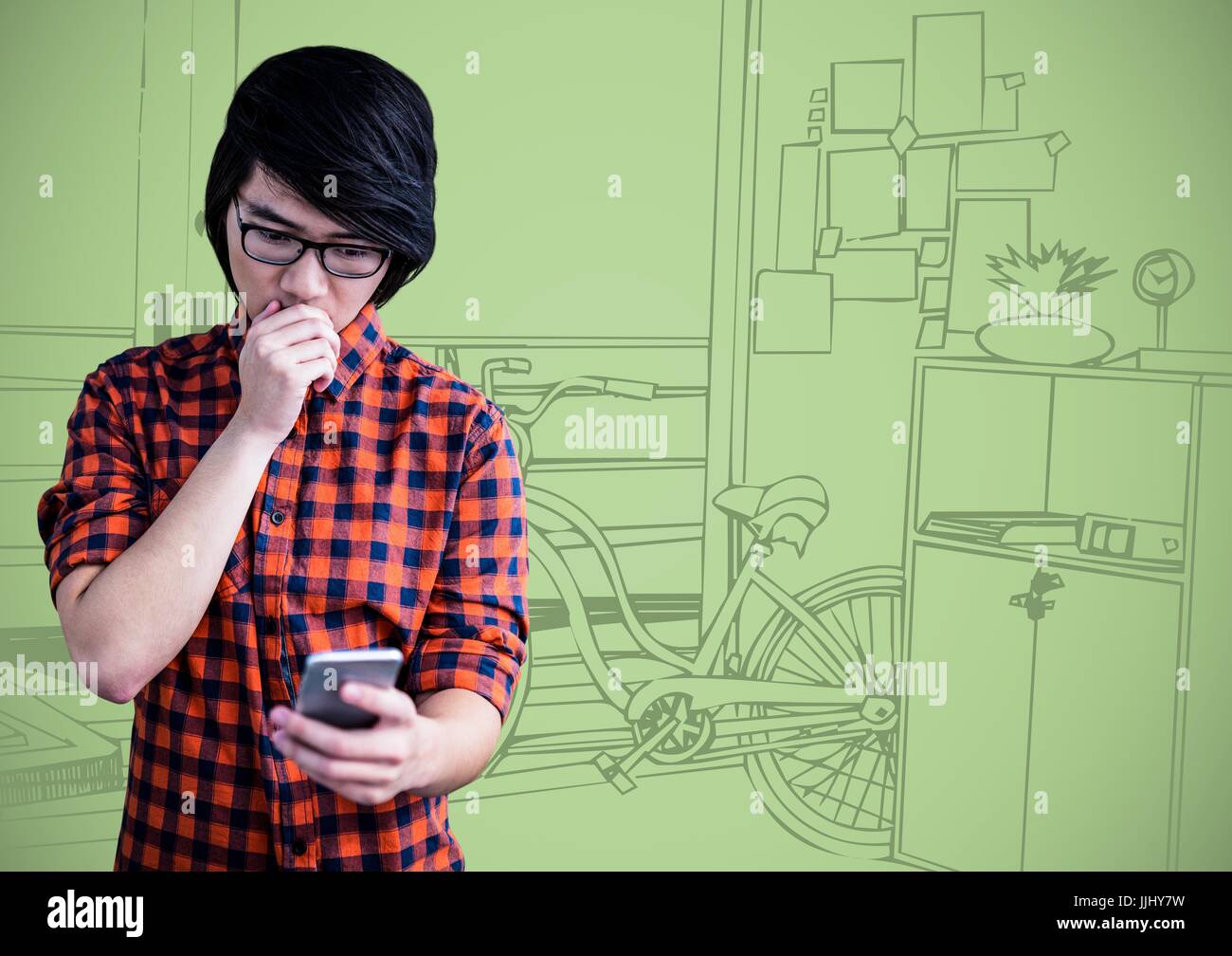 Millennial man texting against green hand drawn office Stock Photo - Alamy