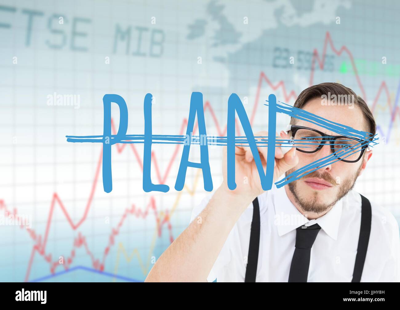 Young businessman with glasses writing Plan with 3D arrow in the screen ...