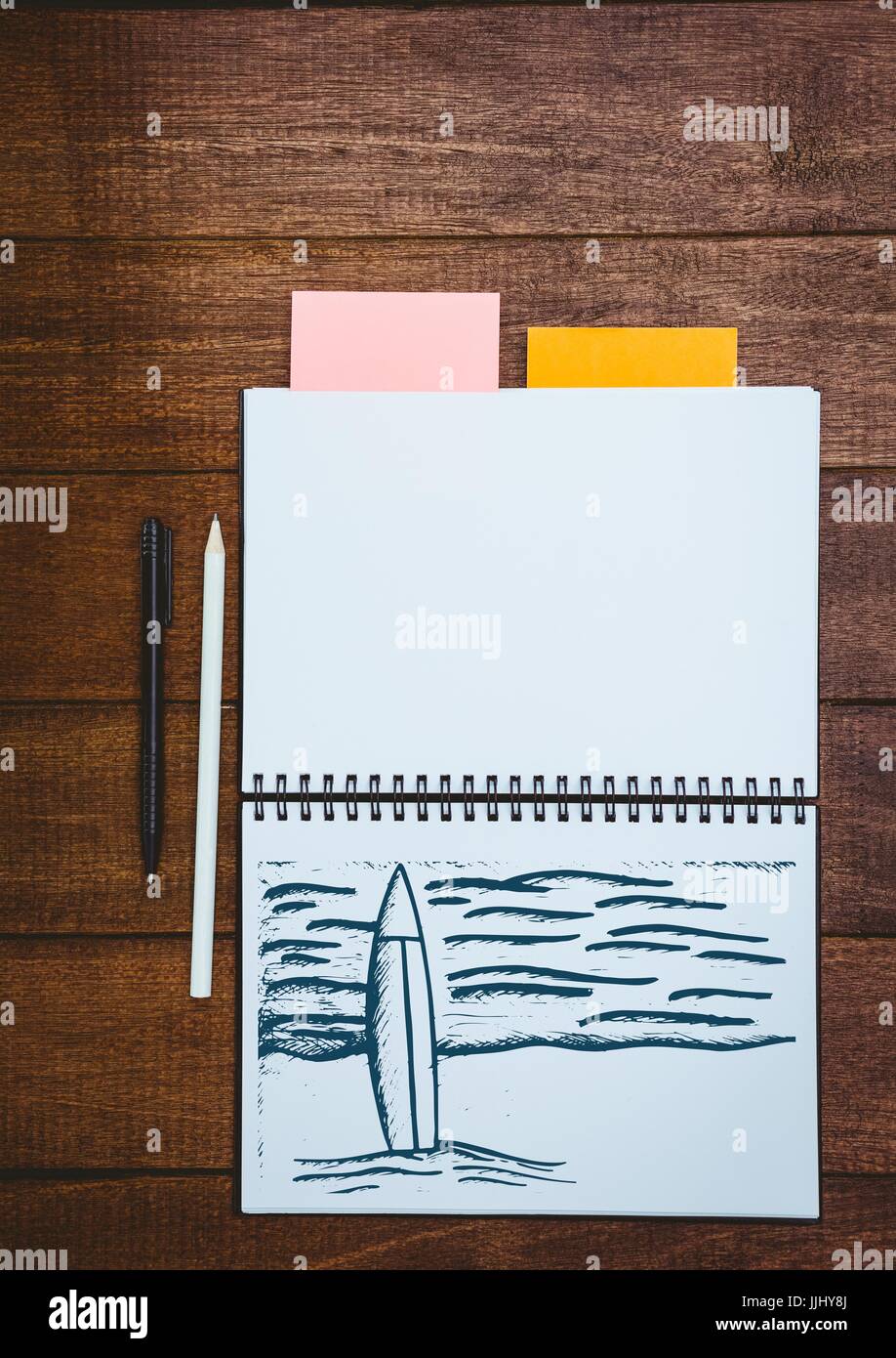 Beach doodle on notepad with pens and sticky notes Stock Photo - Alamy