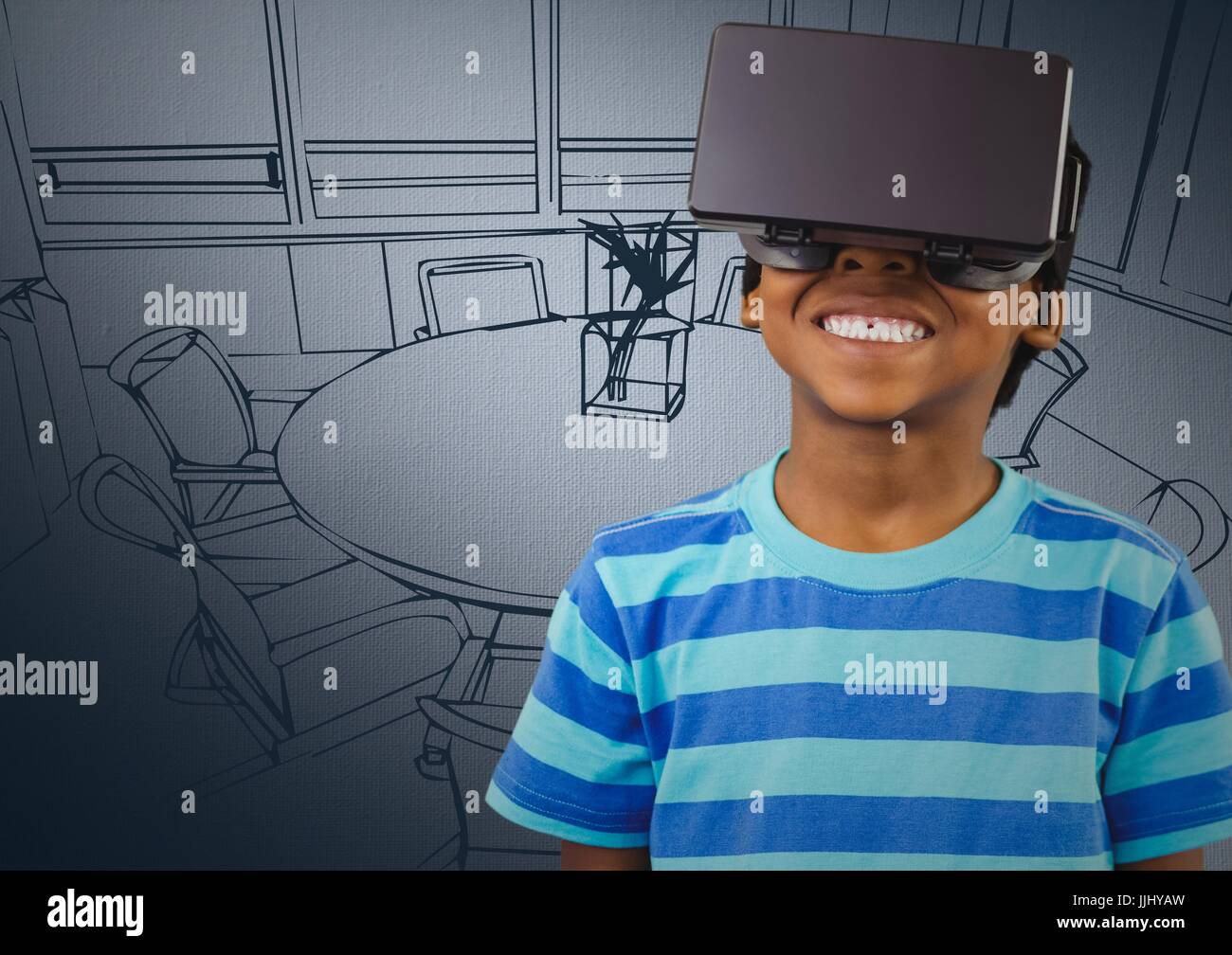 Boy in virtual reality headset against navy hand drawn office Stock ...