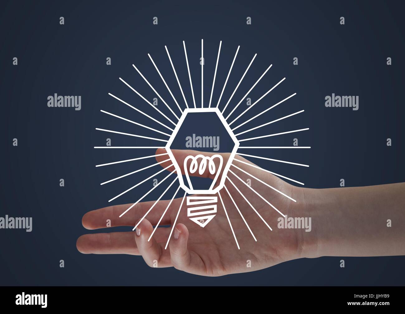 Hand with white 3D lightbulb graphic against navy background Stock ...