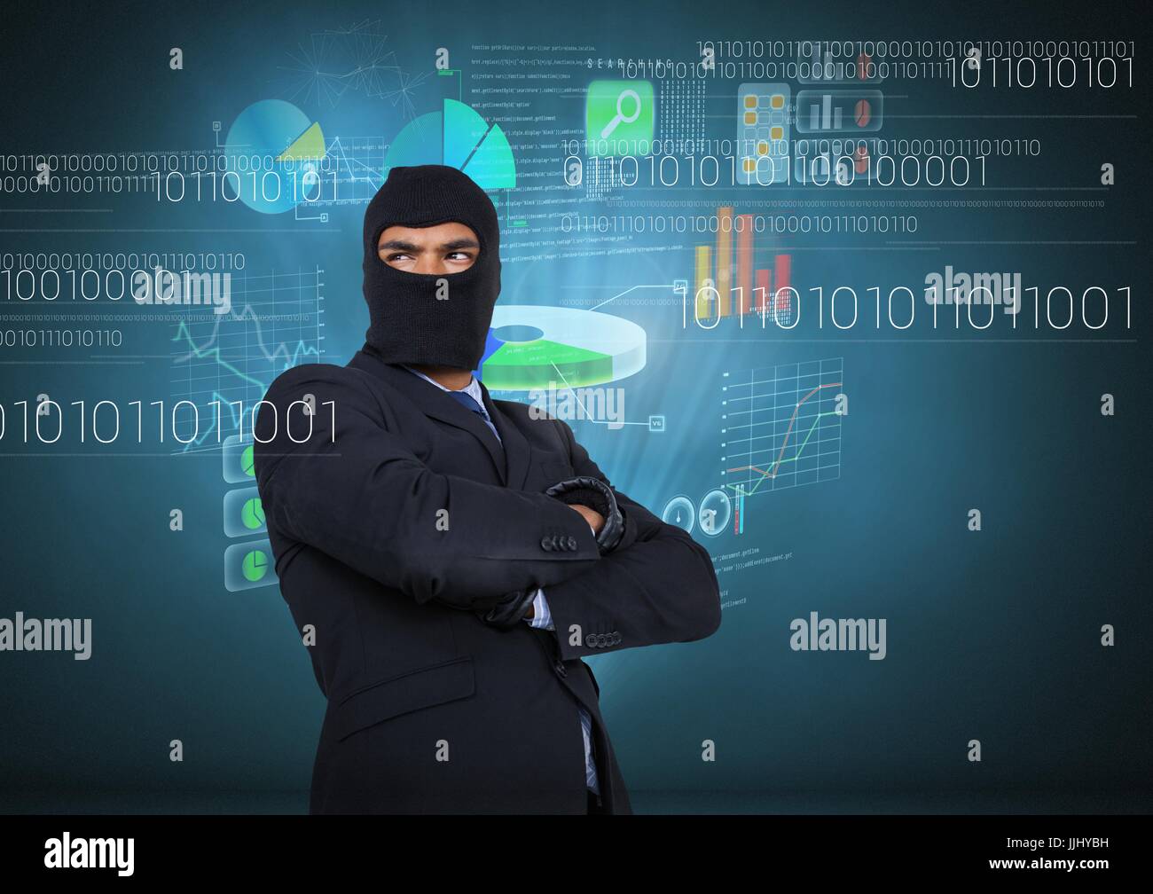 Hacker with arms crossed in front of blue background with digital ...