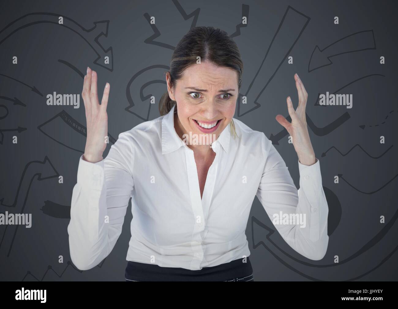 Frustrated business woman against 3d grey background and arrow graphics ...
