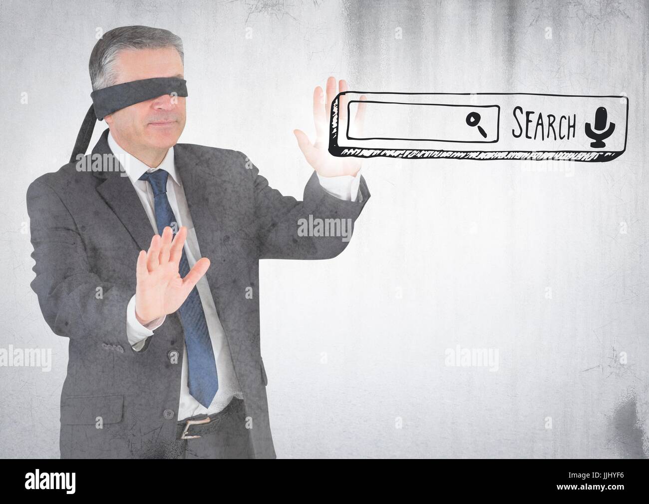 Blindfolded business man and 3d search bar against white wall with ...