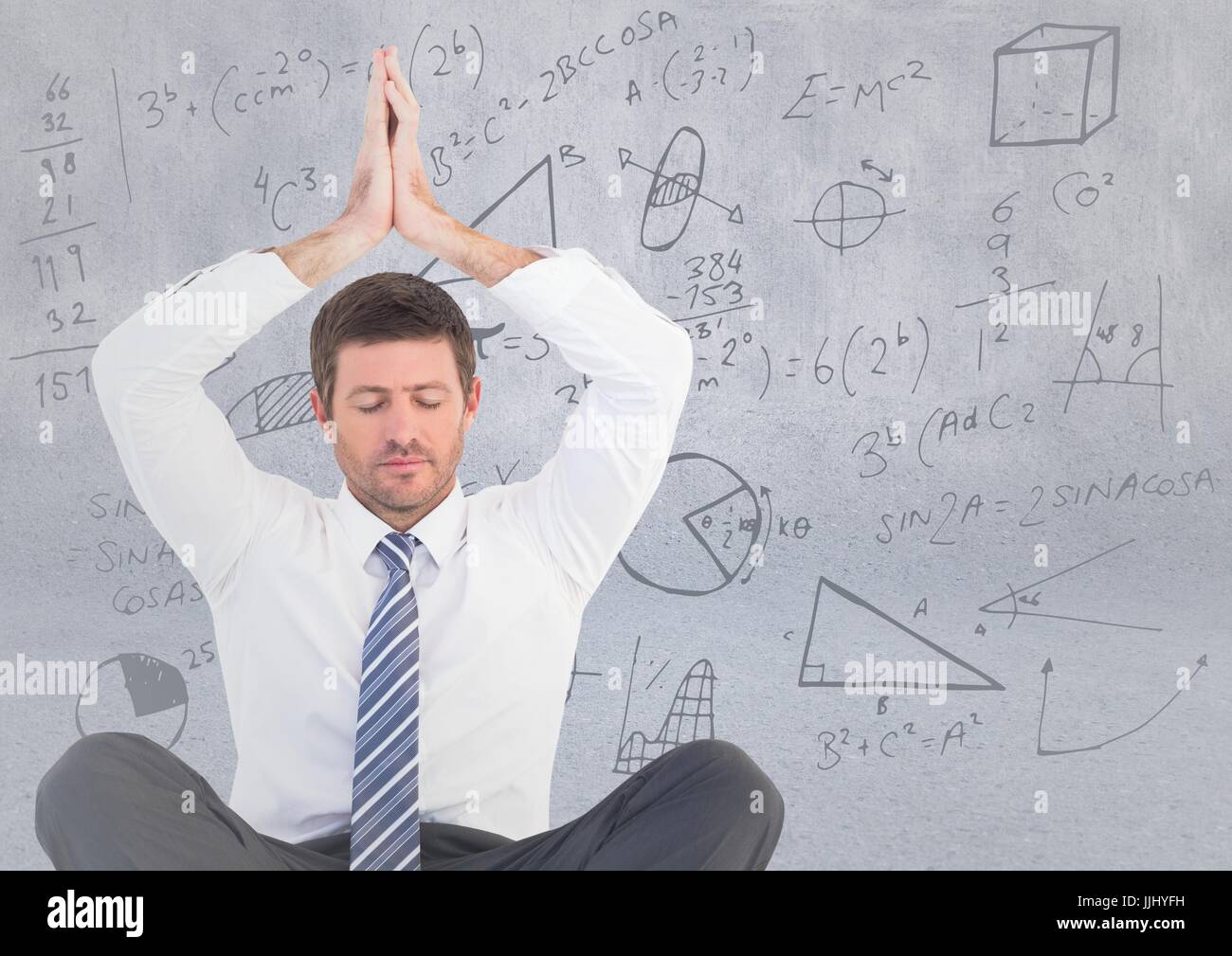 3d Business man meditating against light grey wall with math doodles ...