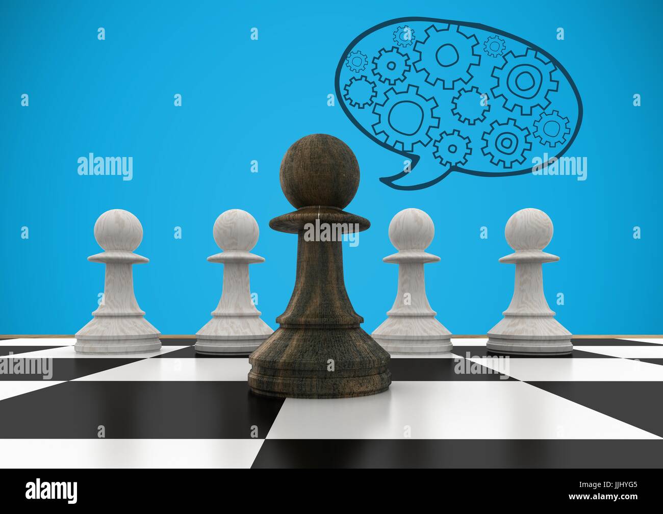 3D Chess pieces against blue background and blue speech bubble with ...