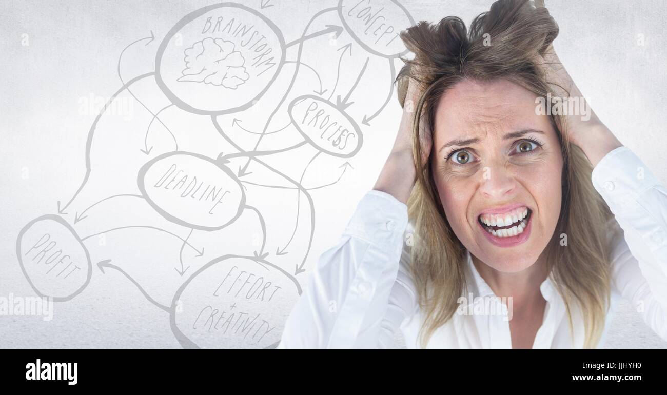 Frustrated business woman against white wall and concept doodle Stock ...