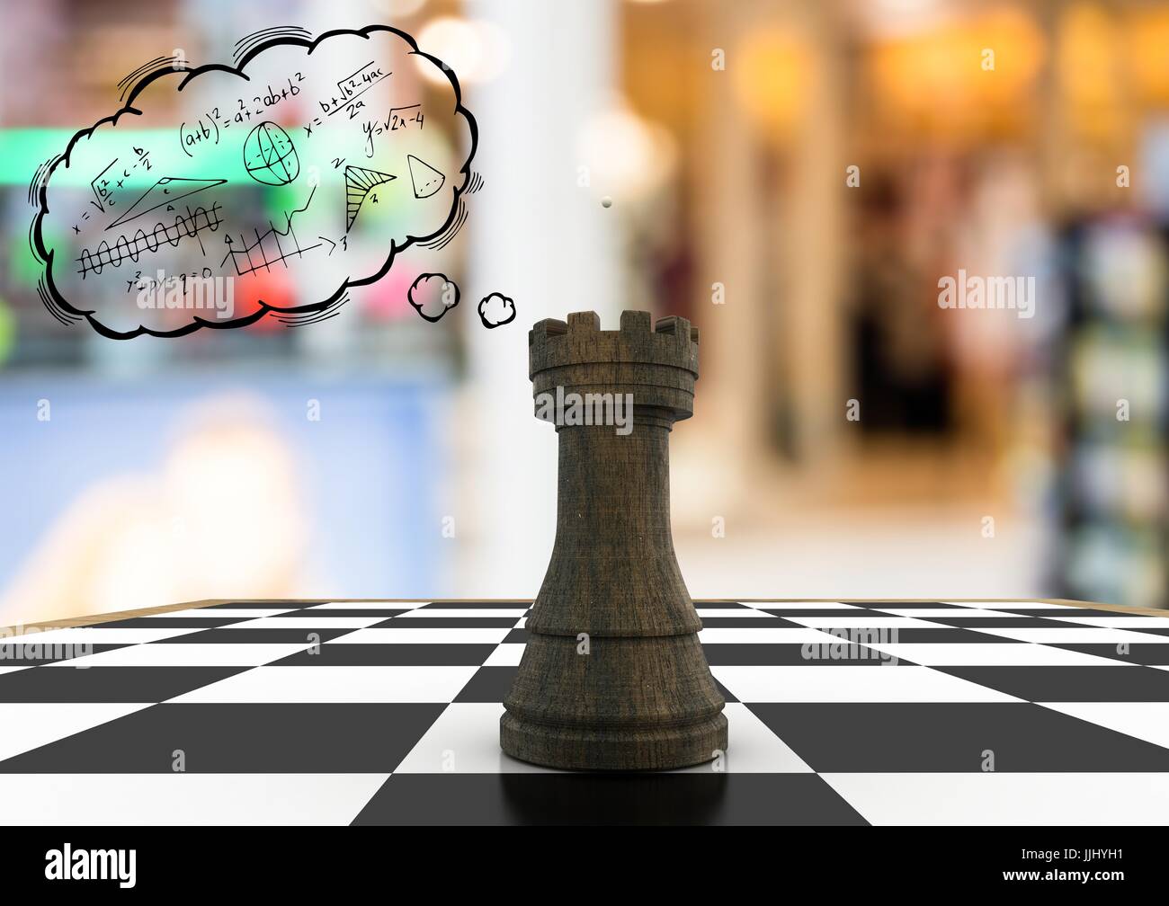 3D Chess piece against blurry background and thought cloud with math ...