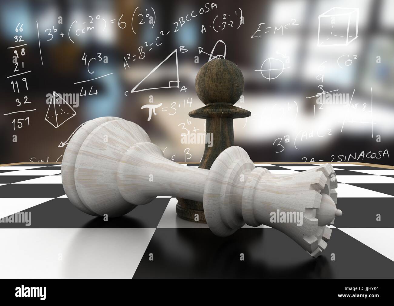 Chess pieces against blurry cafe with white math doodles Stock Photo ...