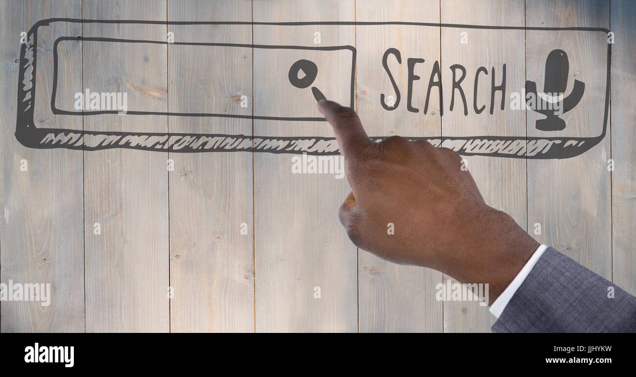 Hand pointing at search bar against grey wood panel Stock Photo - Alamy