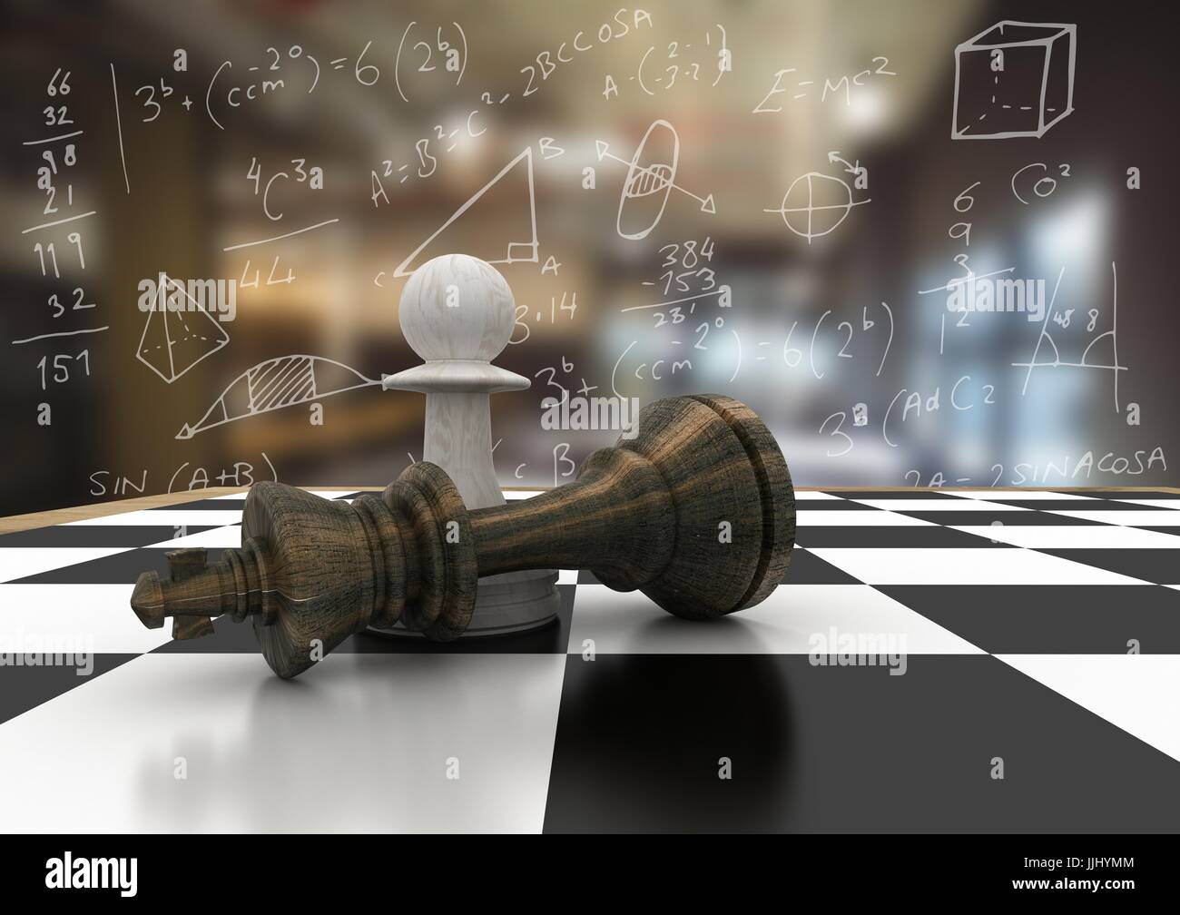 3D Chess pieces against blurry cafe with white math doodles Stock Photo ...