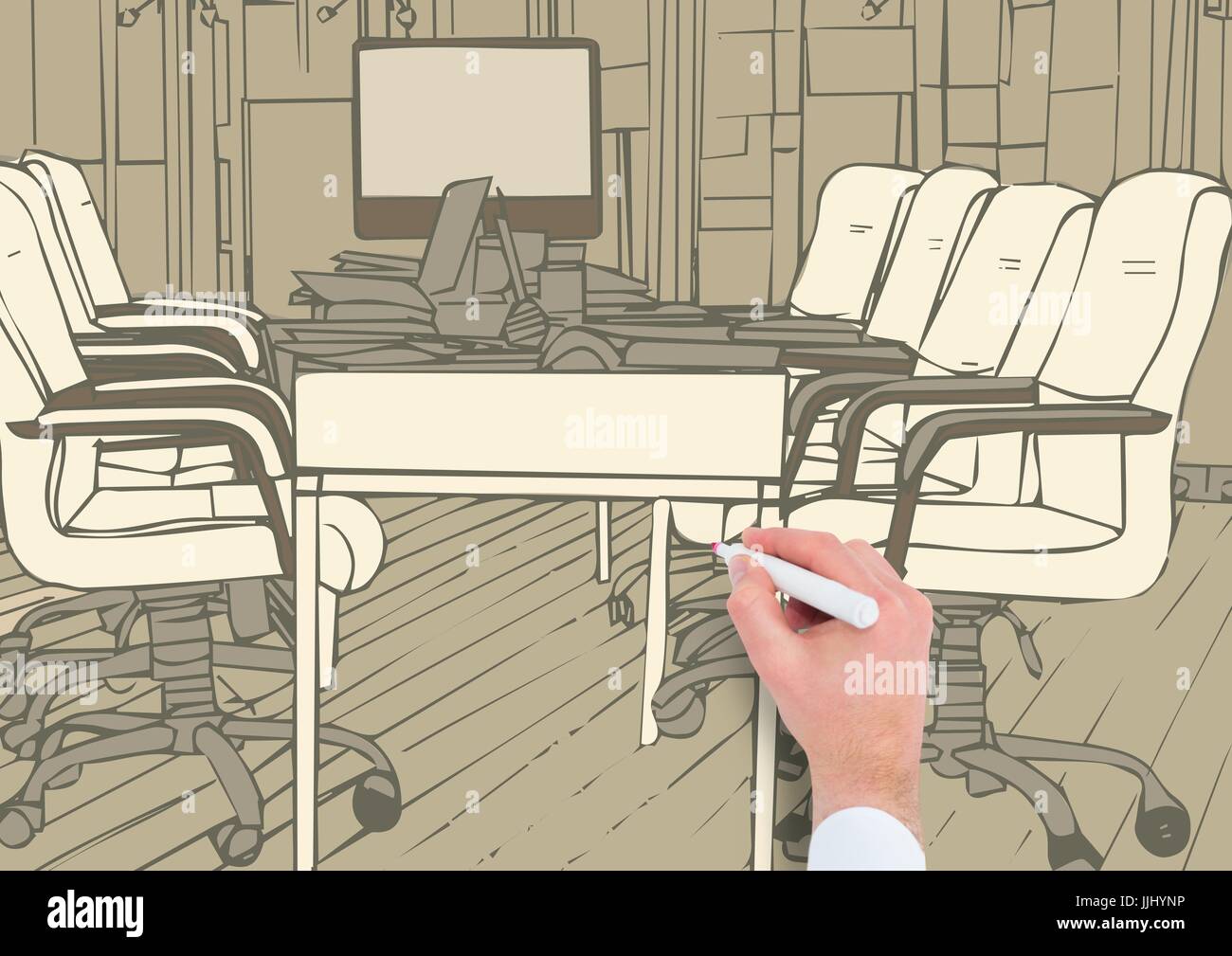 3D hand drawing office lines. With brown colors Stock Photo - Alamy