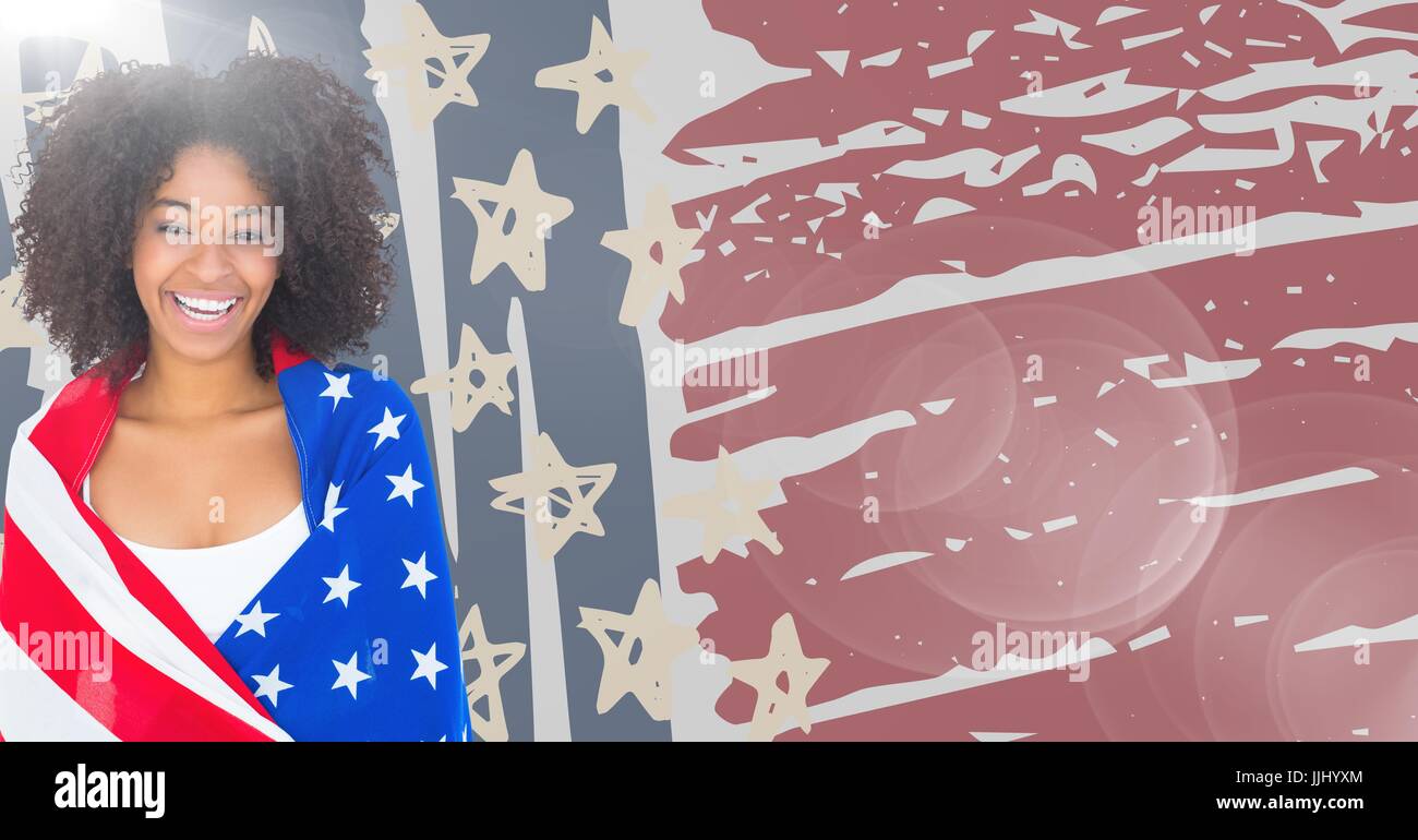 Woman wrapped in american flag against hand drawn american flag and ...