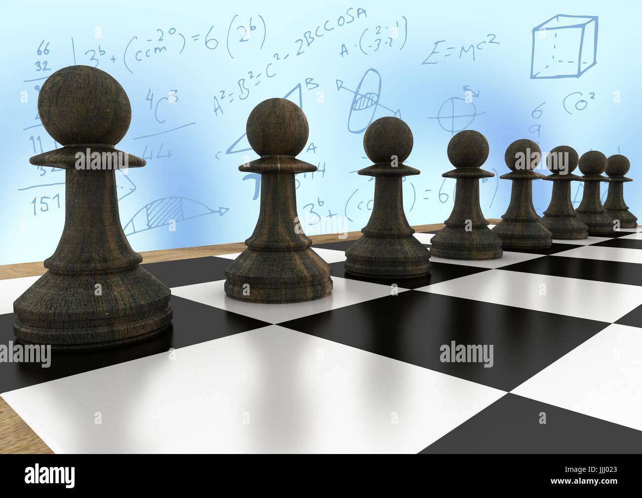 3d Chess pieces against blue abstract background with blue math doodles ...