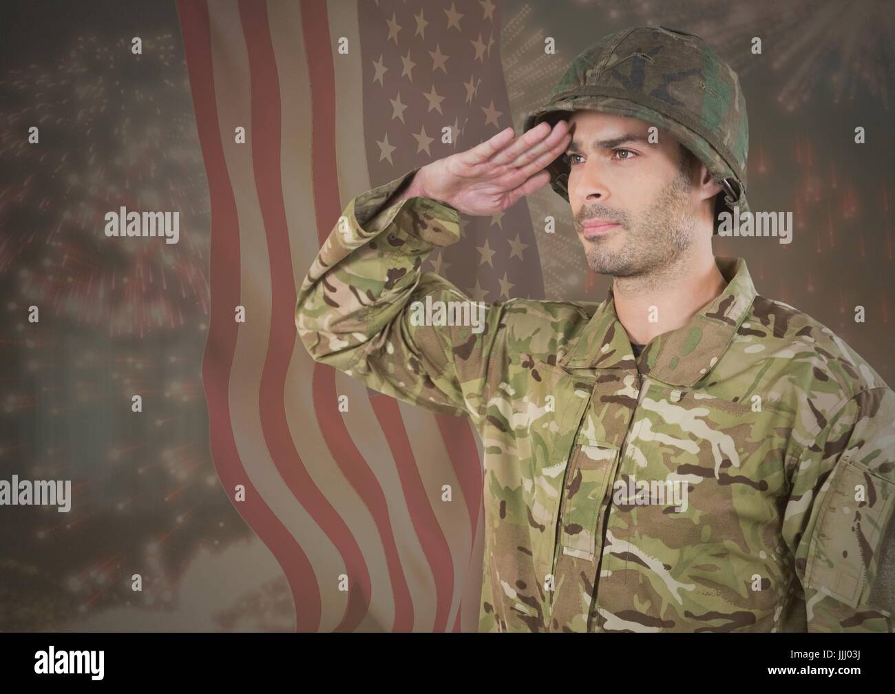 Military saluting against american flag Stock Photo - Alamy