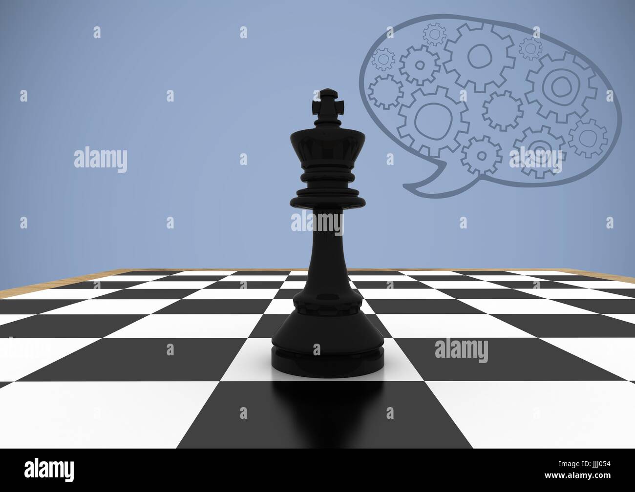 3D Chess pieces against purple background with speech bubble and cogs ...