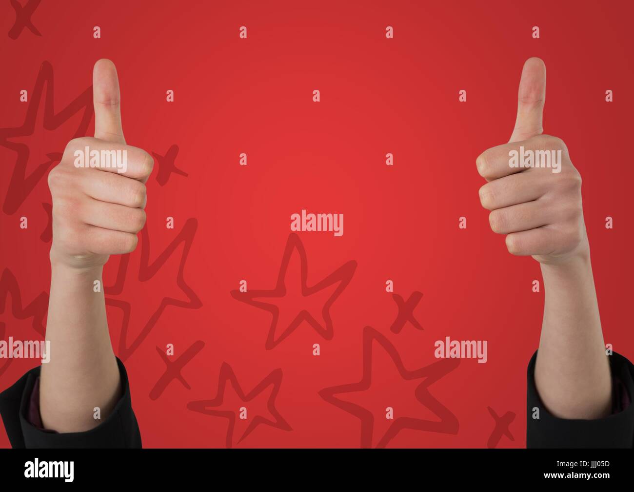 Two thumbs up against red background with hand drawn star pattern Stock ...