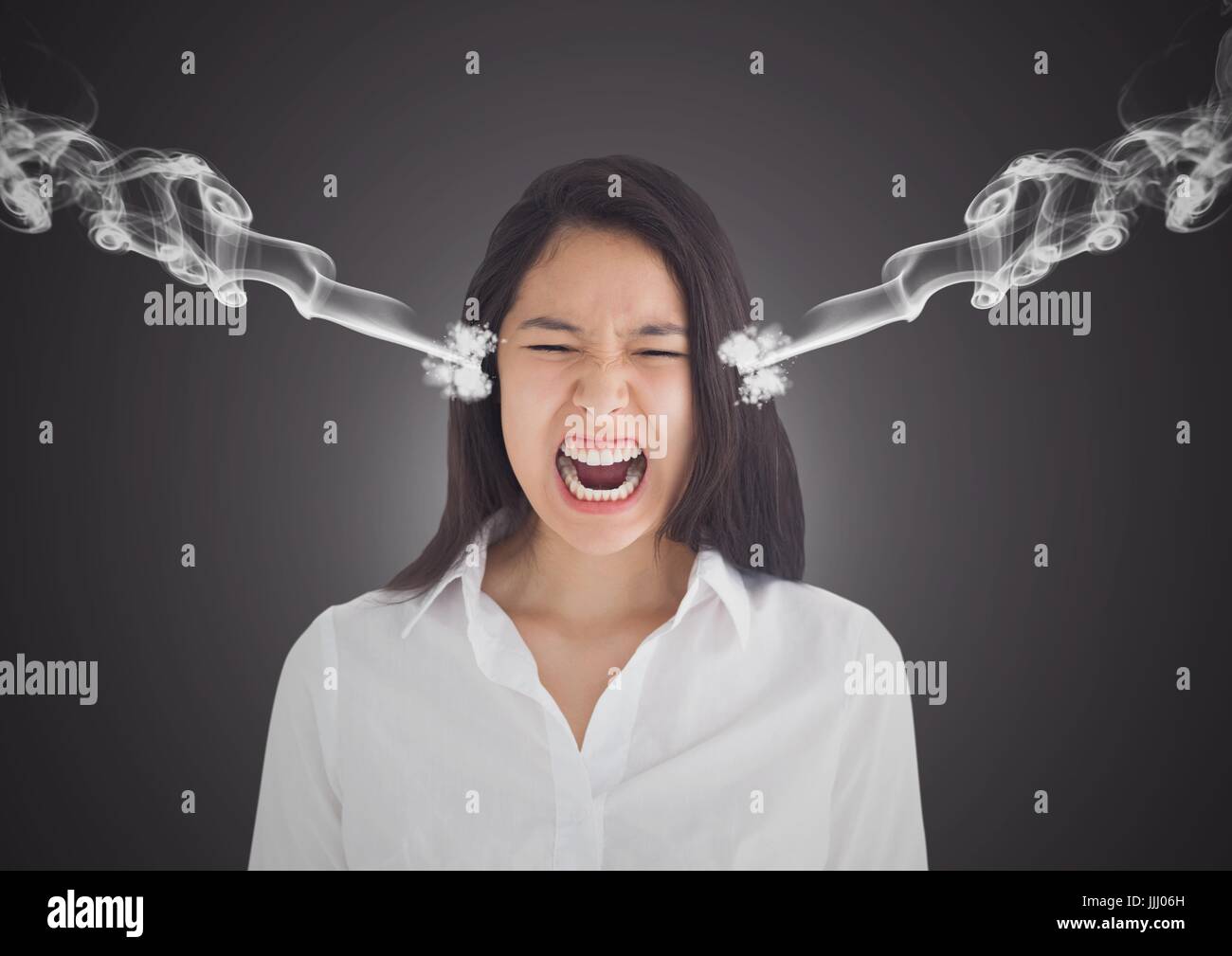 anger young businesswoman shouting with 3d steam on ears. Dark ...