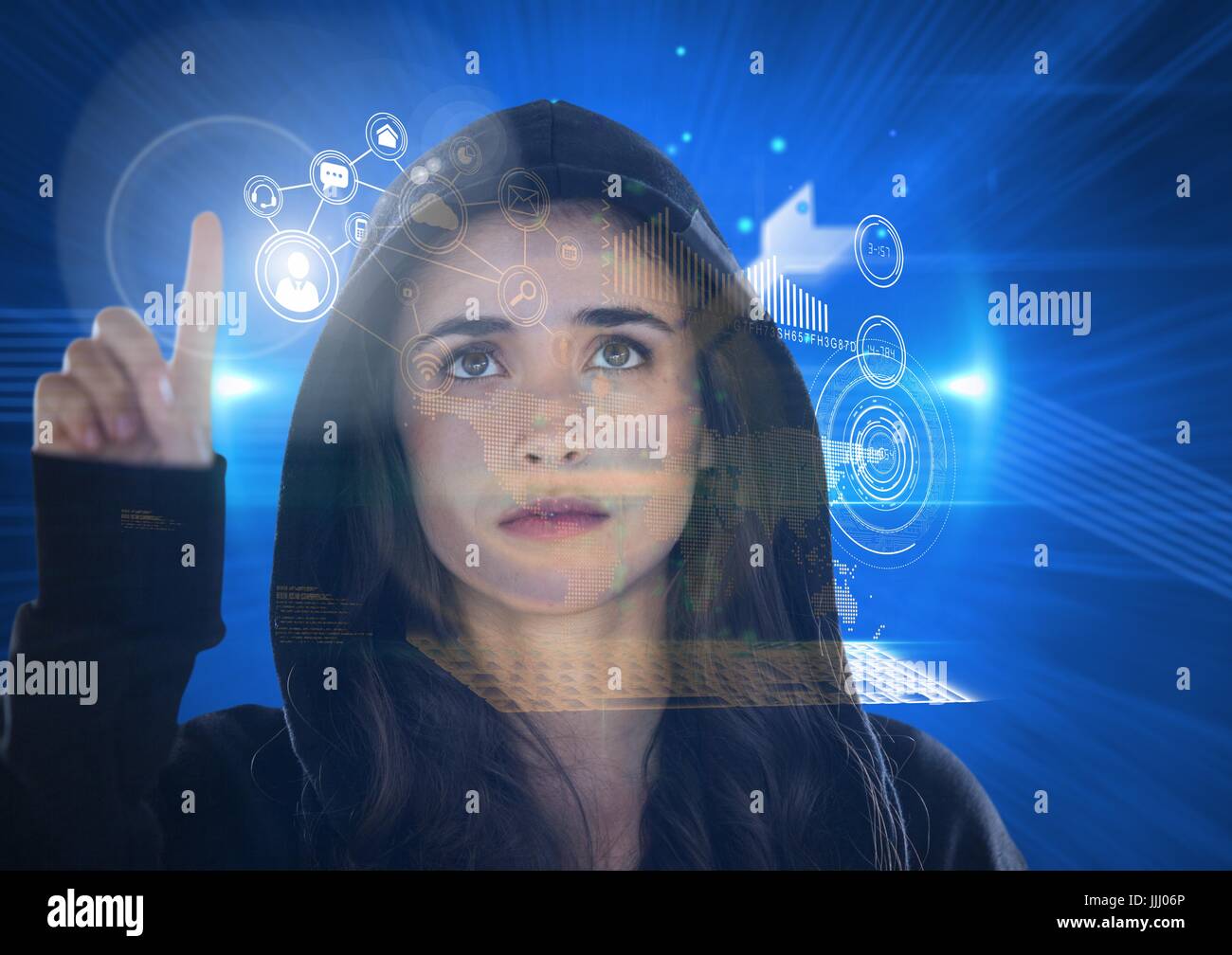Woman hacker touching the 3d screen with his finger Stock Photo - Alamy