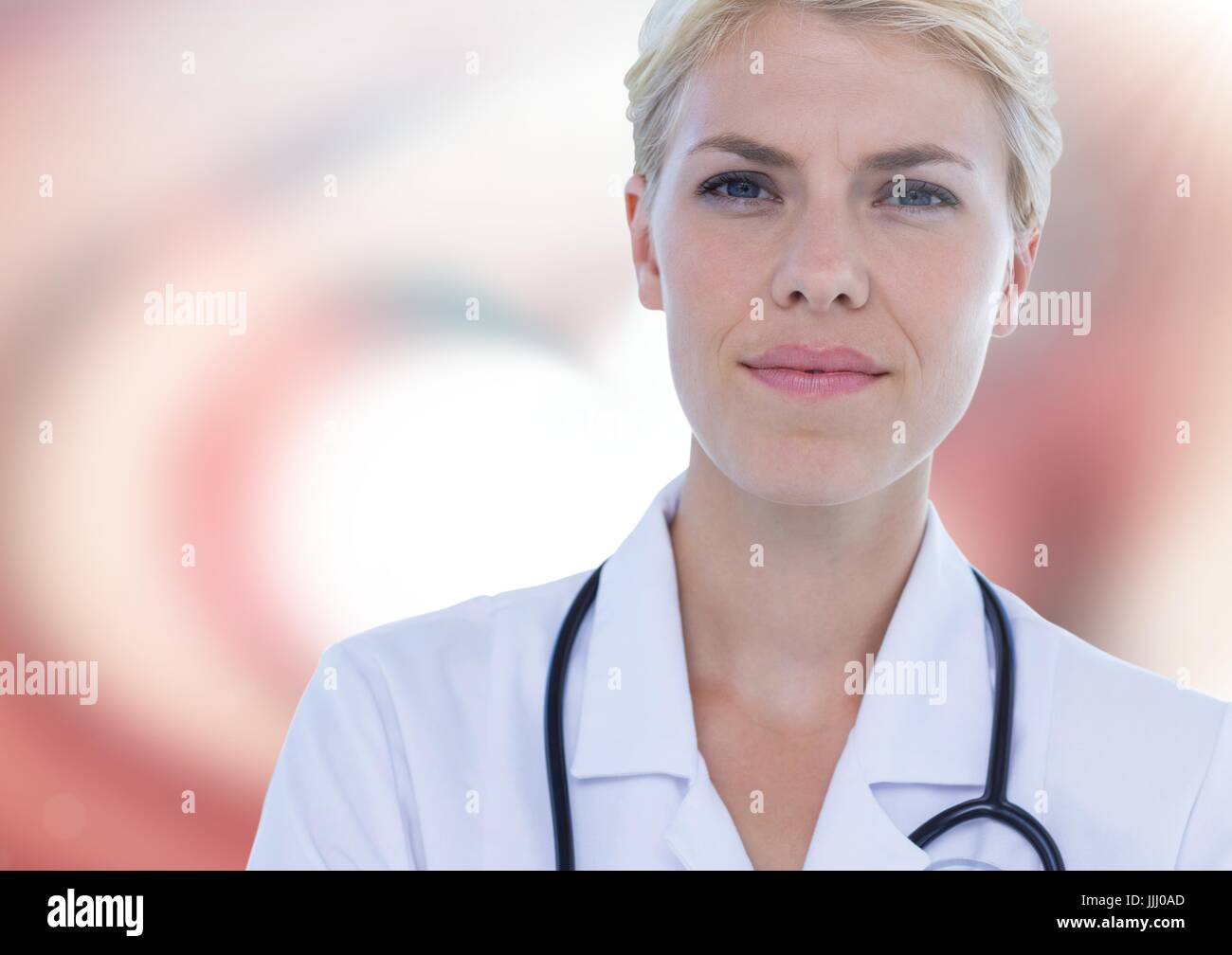 Female doctor against red and white abstract background Stock Photo - Alamy