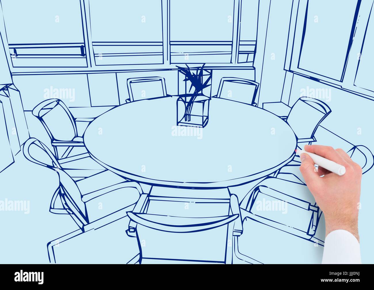 hand drawing office blue lines on light blue background Stock Photo - Alamy