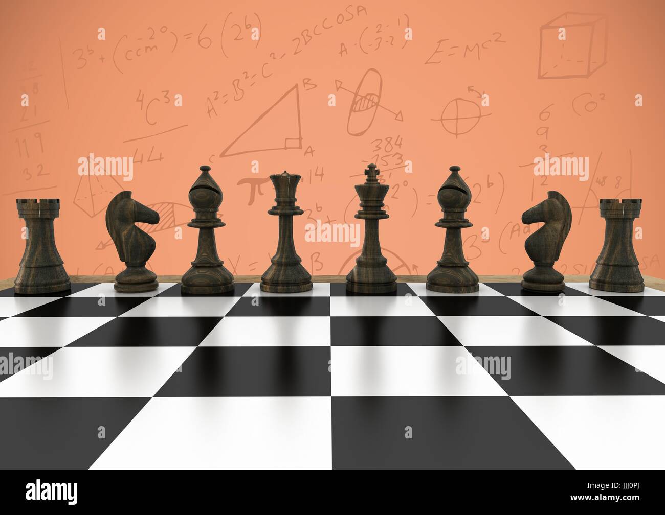 3D Chess pieces against orange background with math doodles Stock Photo ...