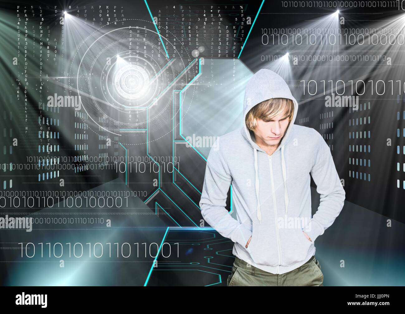3D Hacker with hands in pocket standing on in front of digital ...