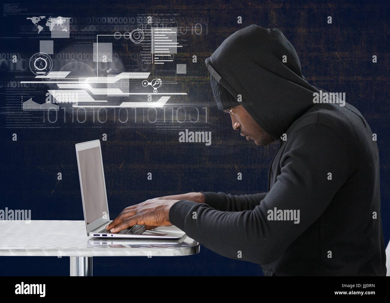 Side view of 3d hacker using a laptop in front of blue digital ...