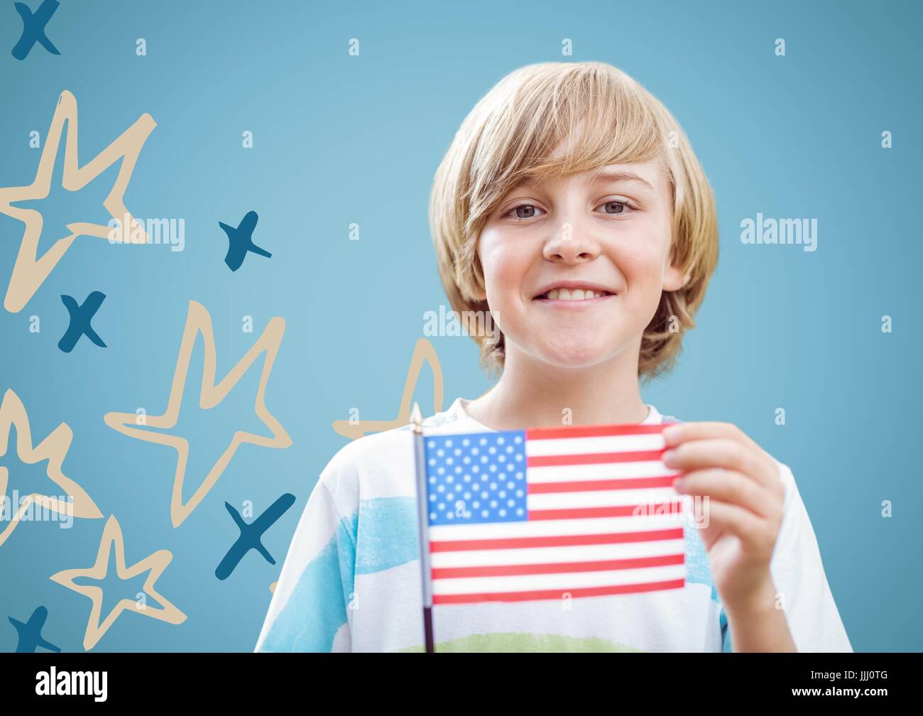 Boy holding american flag against blue background with hand drawn star ...