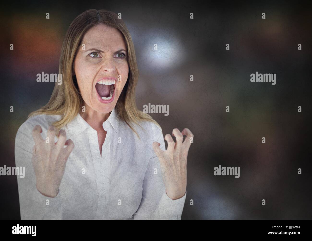 Angry business woman against blurry brown background with grunge ...