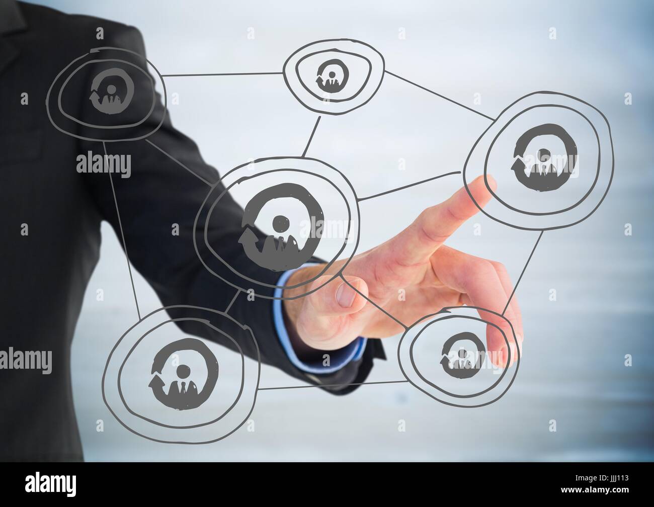 Business man mid section pointing at 3D grey network doodle against ...