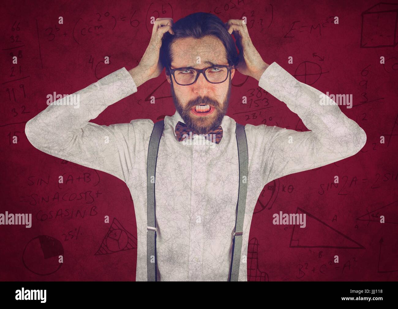 Frustrated business man against maroon background and arrow graphics ...