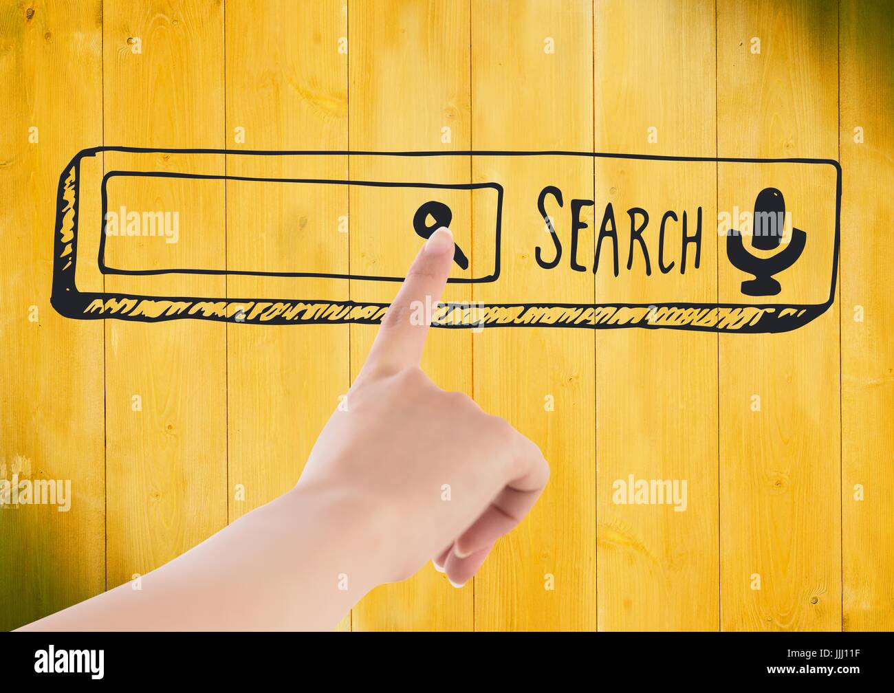 Hand pointing to 3D search bar doodle against yellow wood panel Stock ...