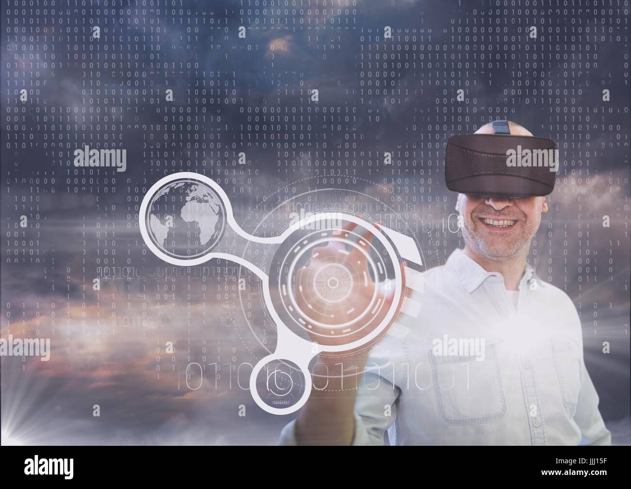 Happy man in VR headset touching interface against purple sky with ...