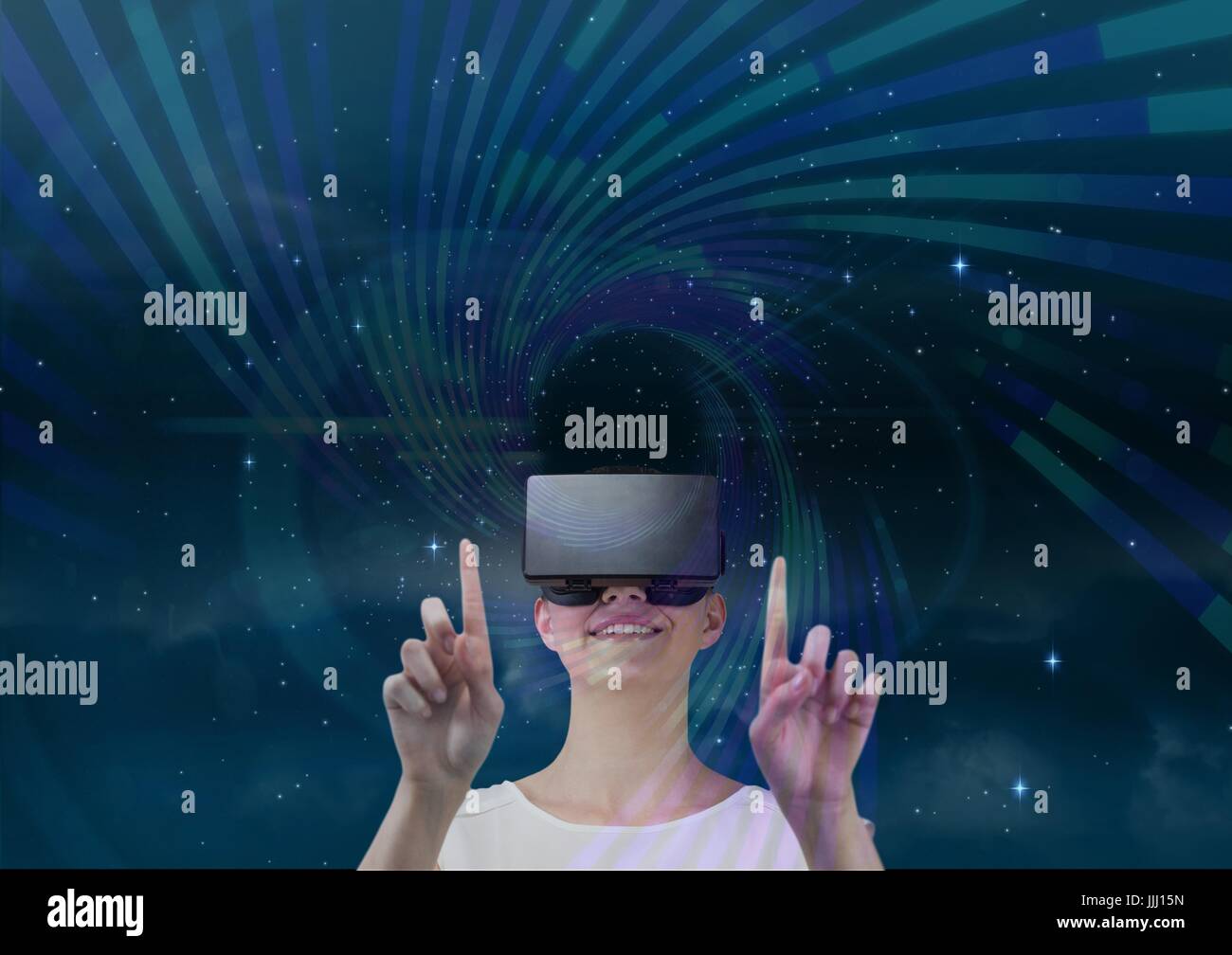 Woman in VR headset touching purple and green interface against blue ...