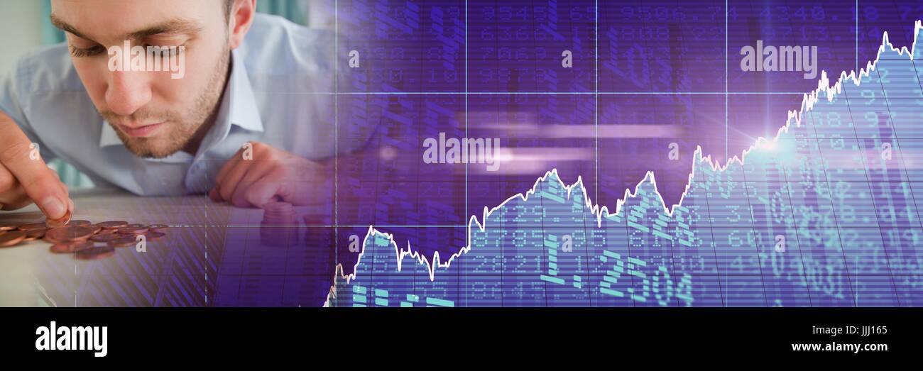 Man counting coins with purple finance graph transition Stock Photo - Alamy