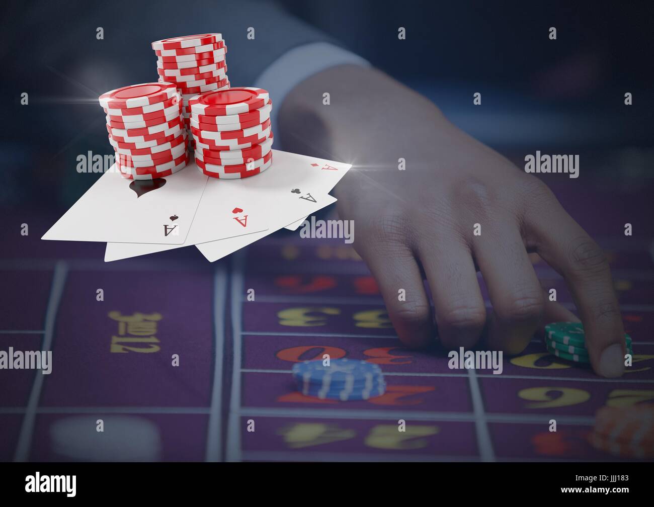 3d Poker chips and cards in front of gambling person table Stock Photo ...