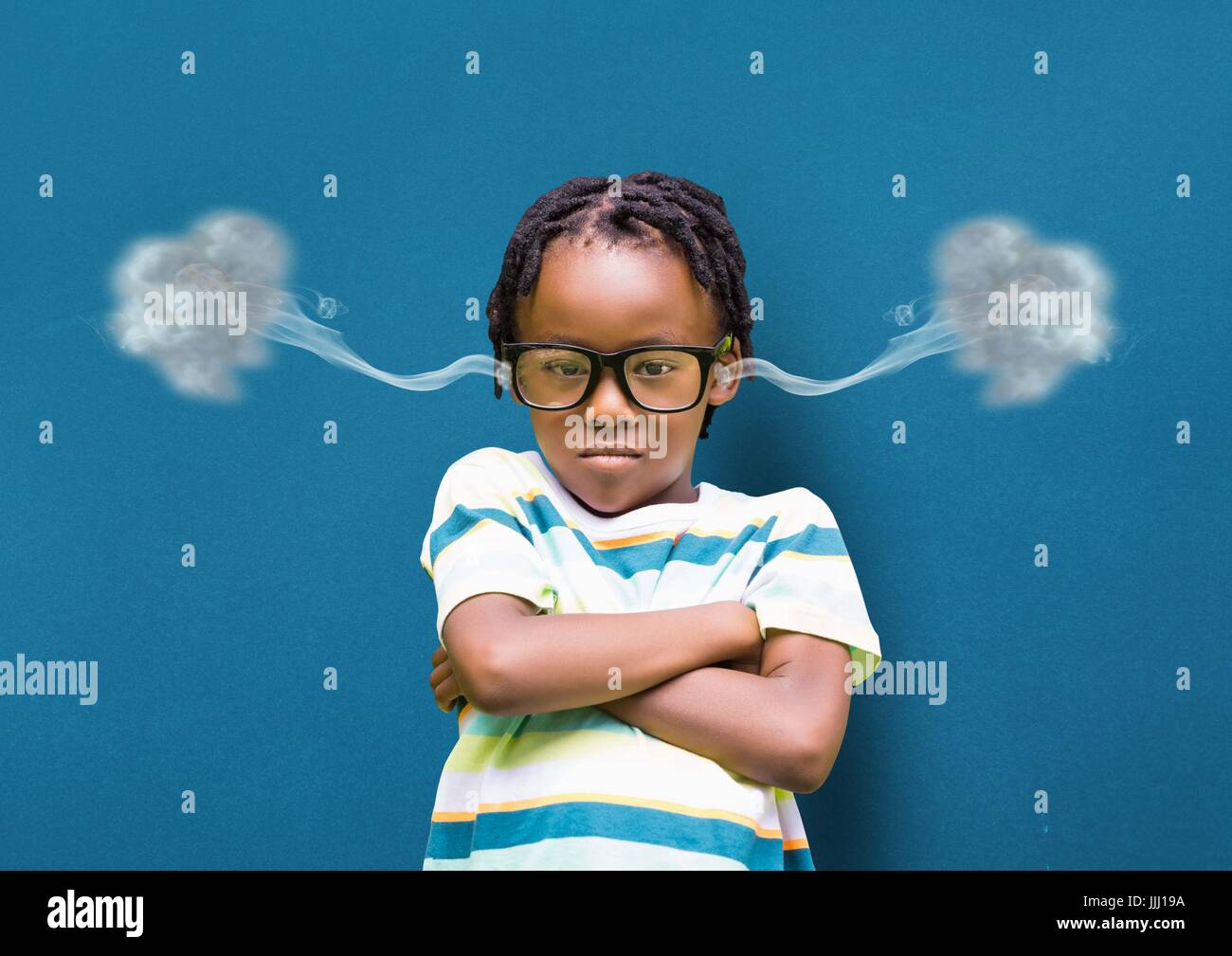 anger boy with hands folded and 3D steam on ears. blue background Stock ...