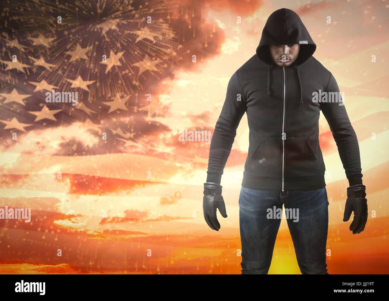 Man with covered face against american flag Stock Photo - Alamy