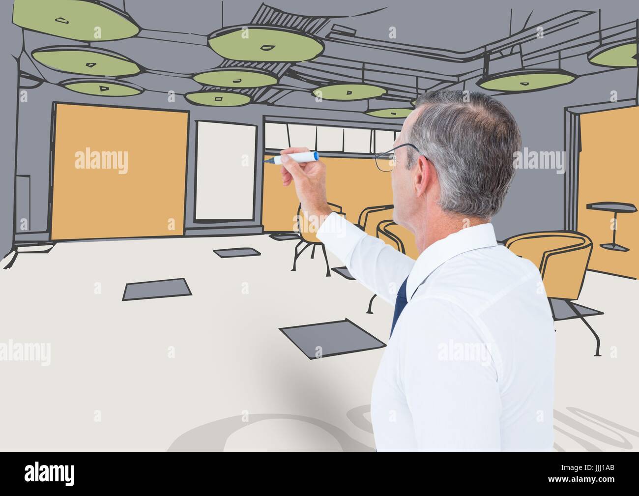 Business senior man drawing 3D office lines. With color Stock Photo - Alamy