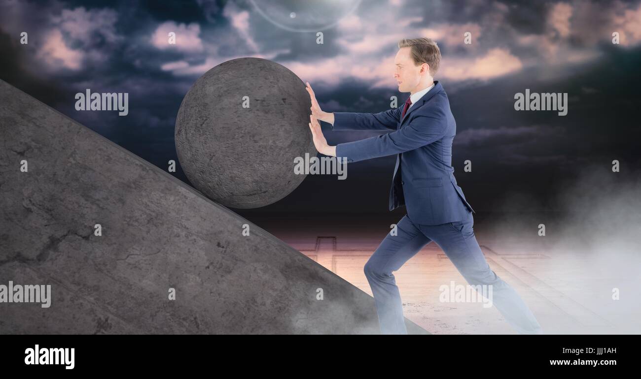 Man pushing 3D rolling round rock Stock Photo - Alamy