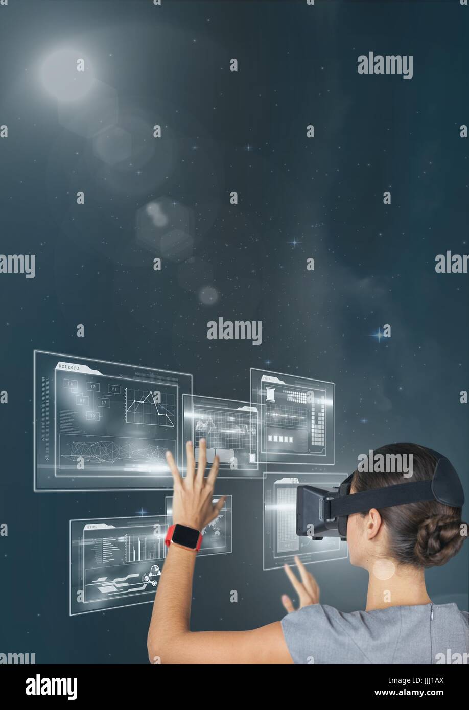 Woman in VR headset touching interface against blue sky with stars and ...