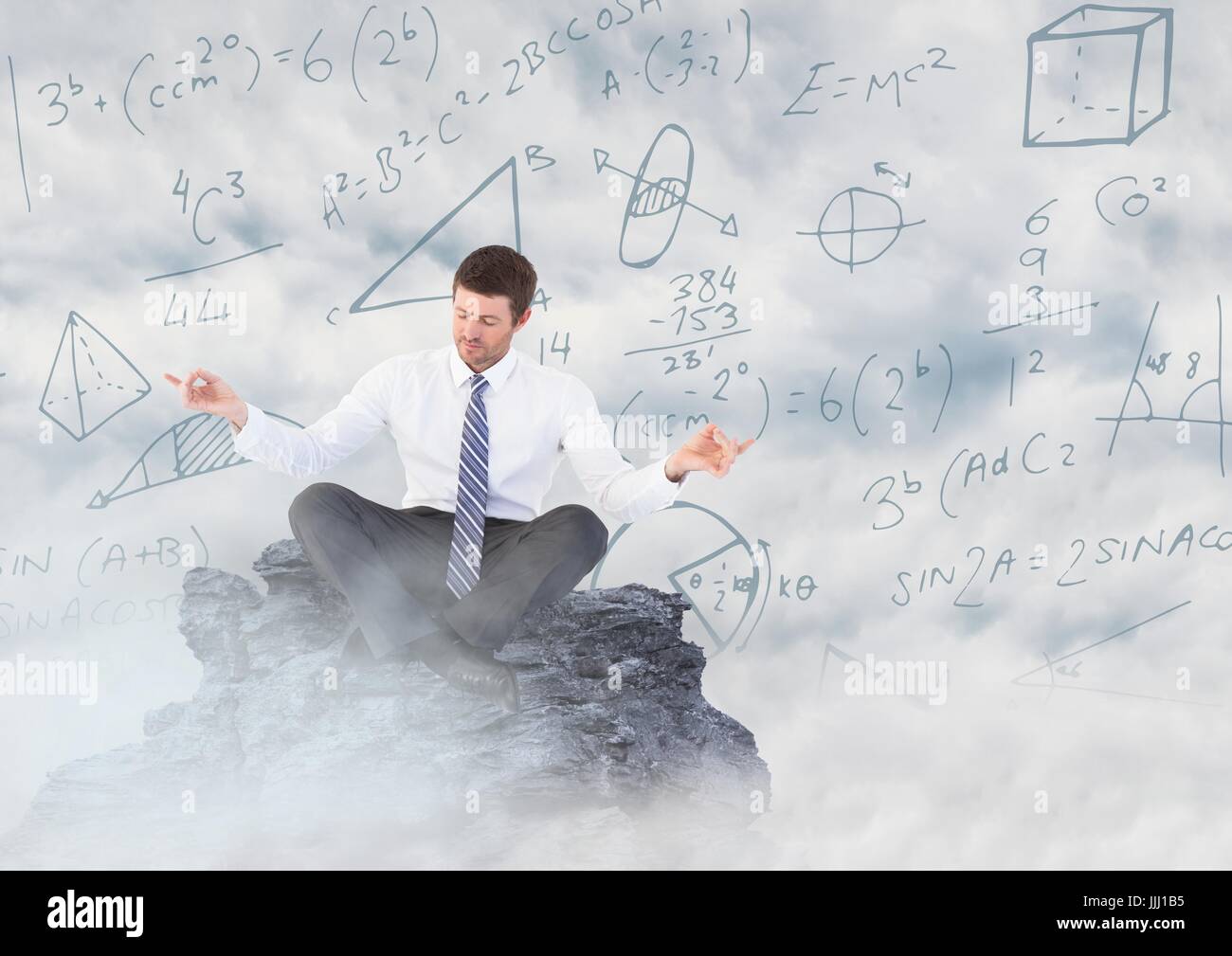 Business man meditating on 3D mountain peak among clouds against math ...