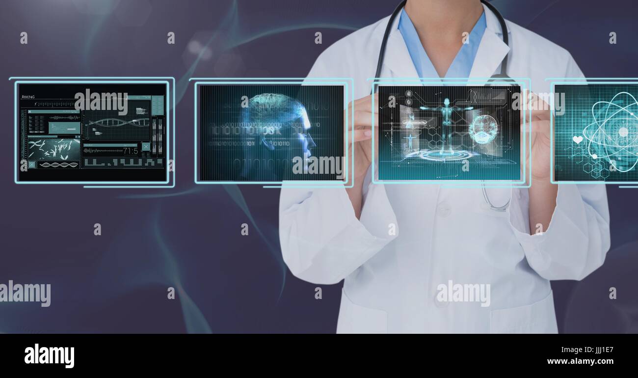 Woman doctor interacting with medical interfaces against purple ...