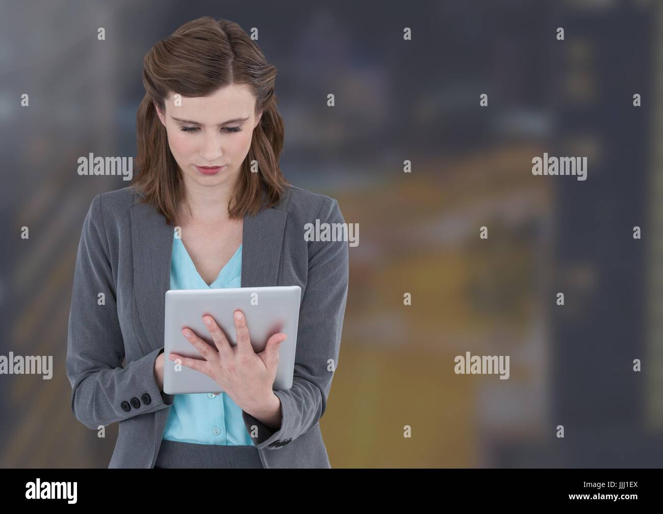 Woman on tablet in night city Stock Photo - Alamy