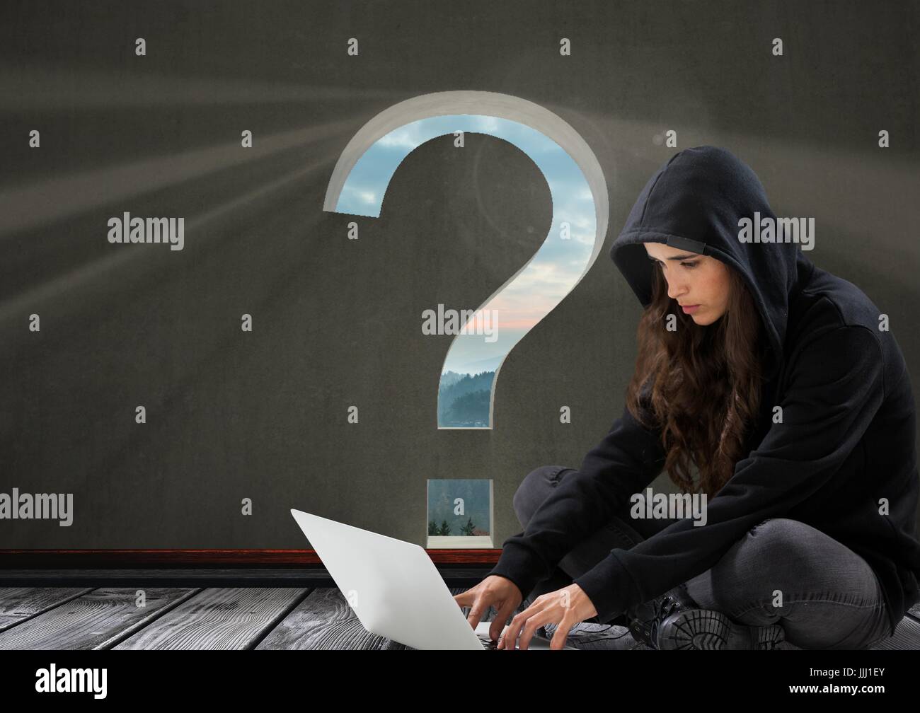Woman hacker using a laptop in a room with question mark on it Stock ...