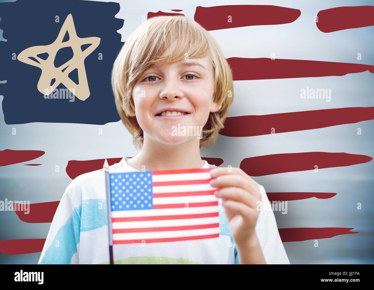 Boy holding american flag against hand drawn american flag and blurry ...