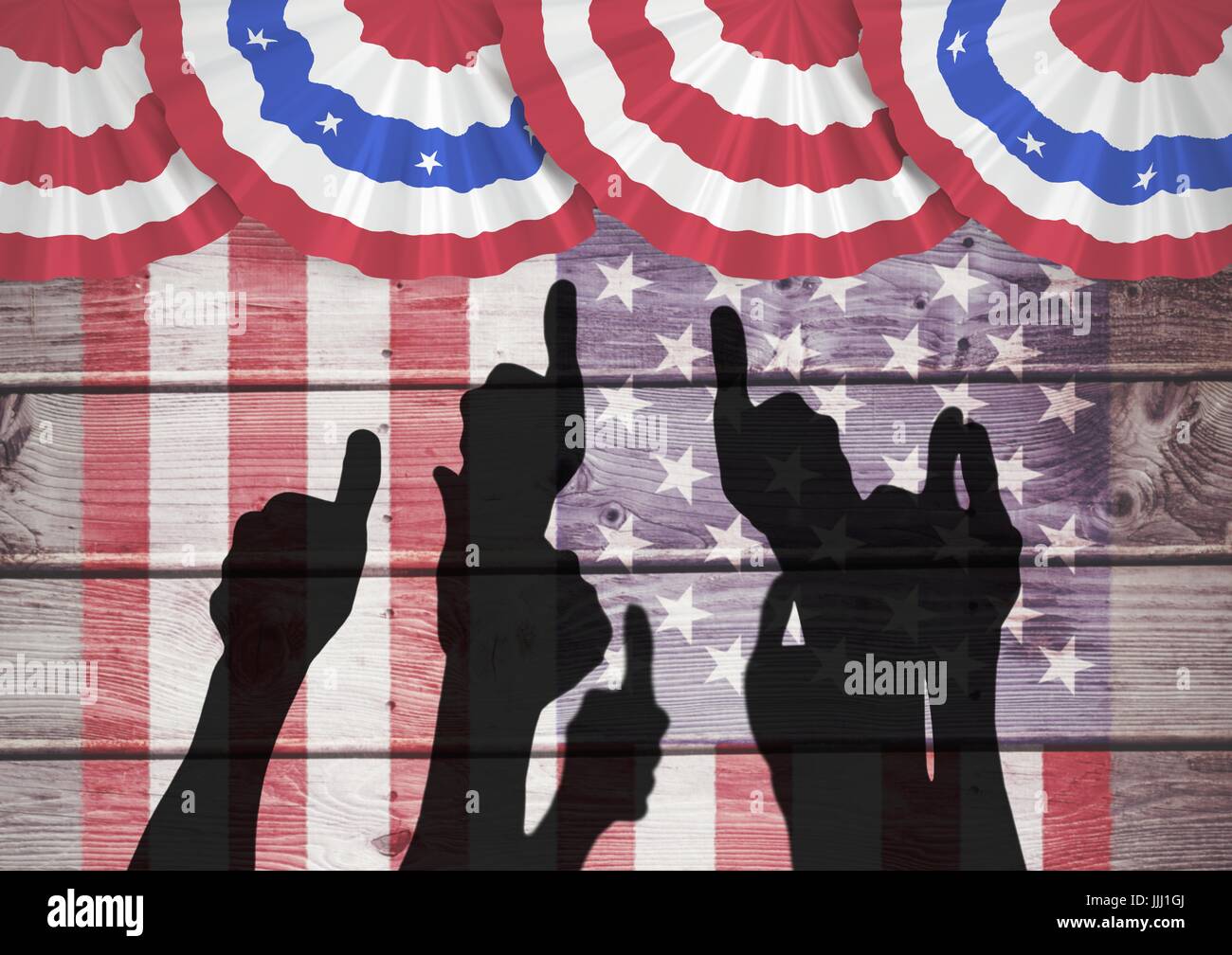 Thumbs up silhouettes against wooden american flack background Stock ...
