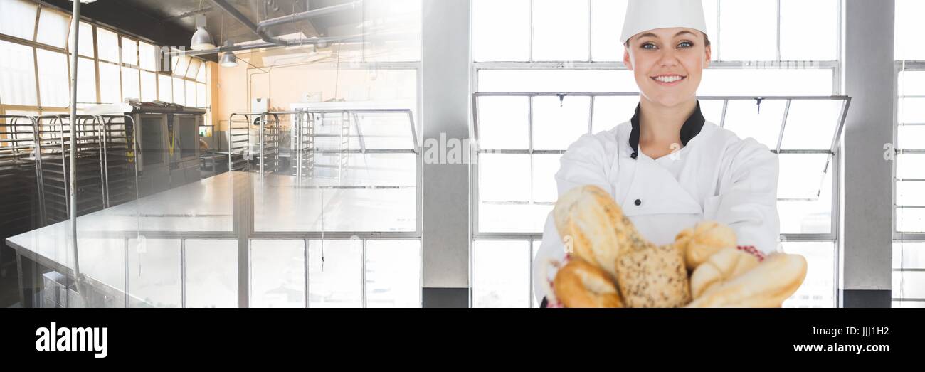 Pastry baker Chef with windows and kitchen bakery background Stock ...
