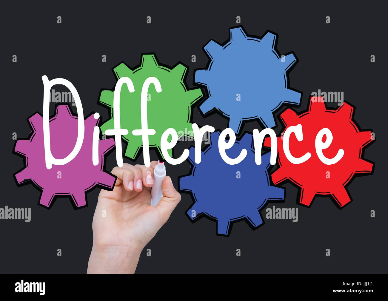 Hand drawing graphic of DIFFERENCE with color cogs. dark background ...